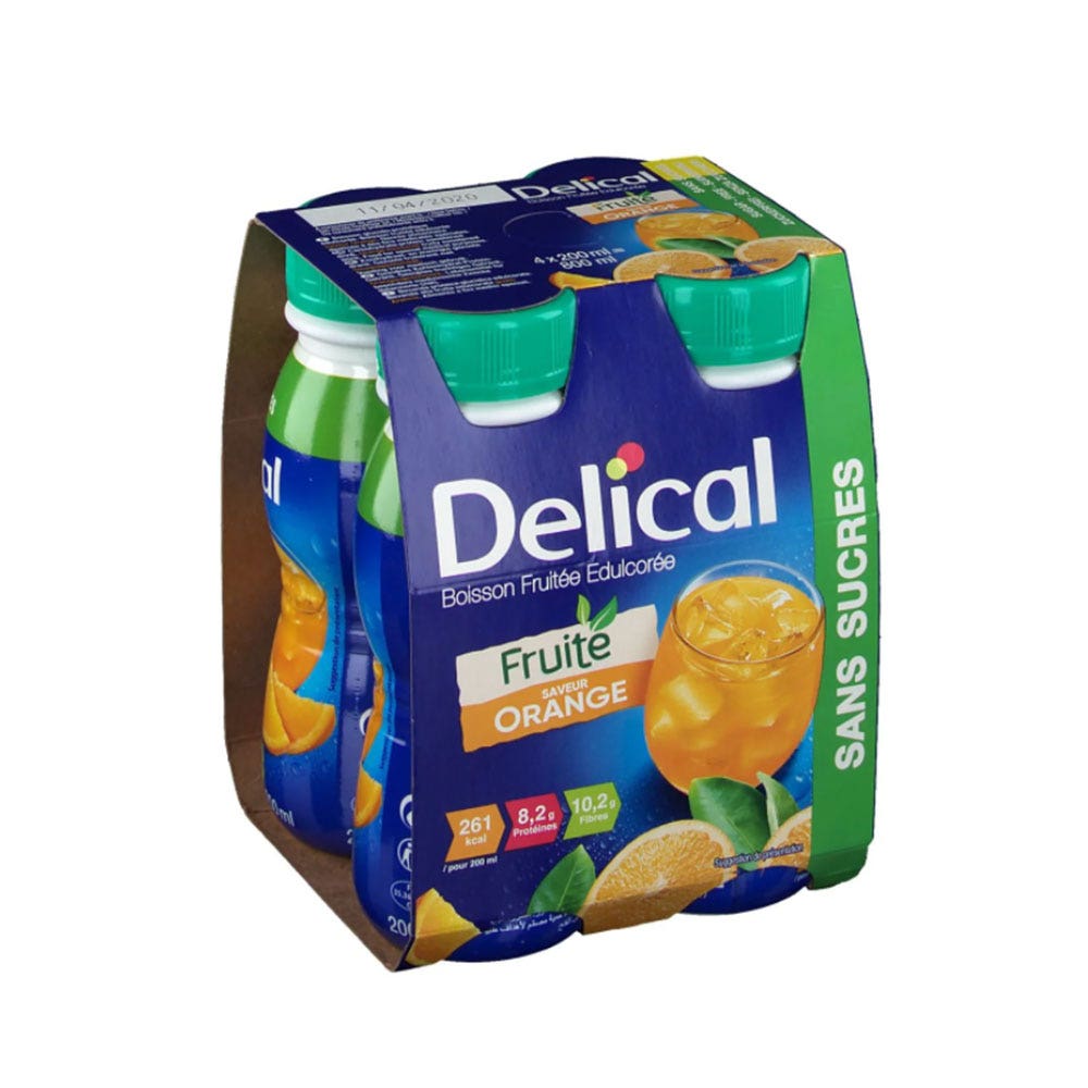 Orange Sugar Free Fruit Drink 4x200ml- Delical - Easypara
